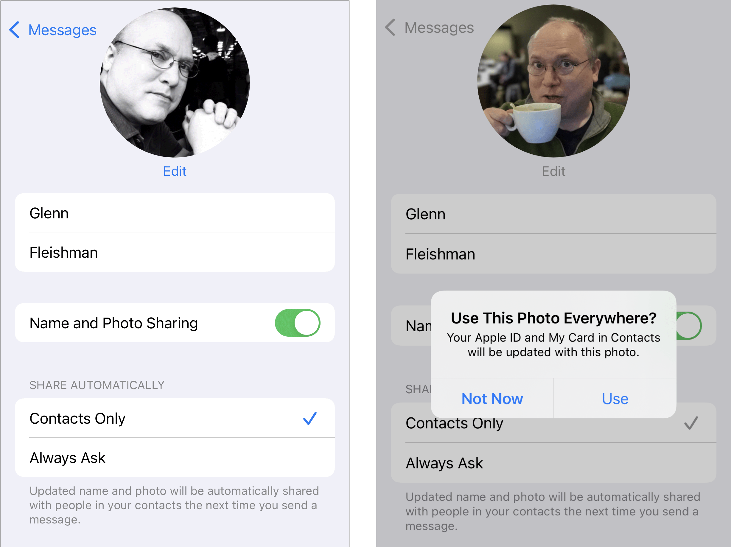 How to provide a new profile photo and name to others in iMessage ...